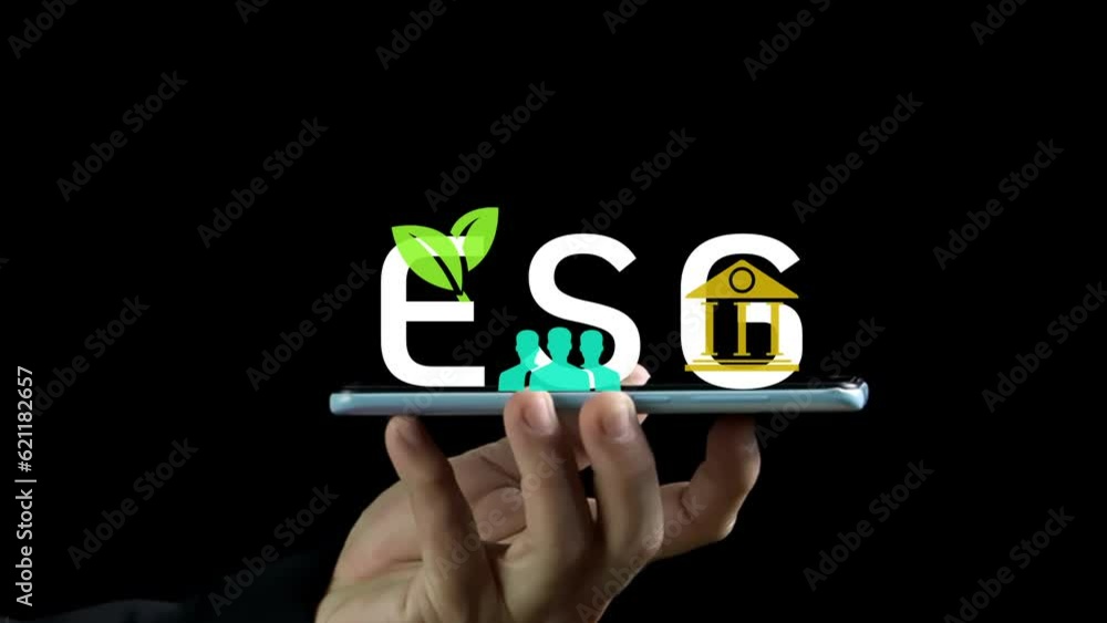 Human hand showing his smartphone with ESG icon. Net zero greenhouse ...