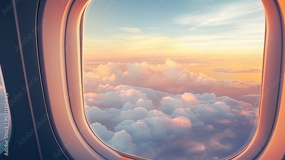 Airplane window view on a clouds and sunset outside of aircraft Stock ...