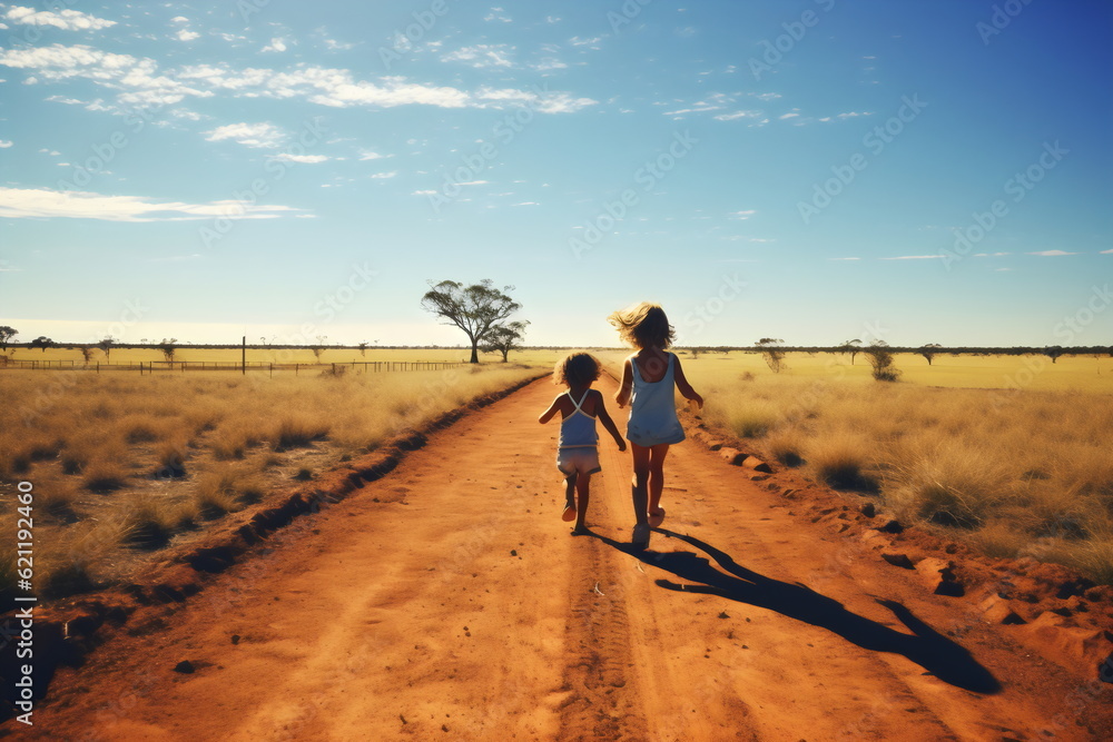 kids running down track in outback desert sunshine, lomo photograph ...