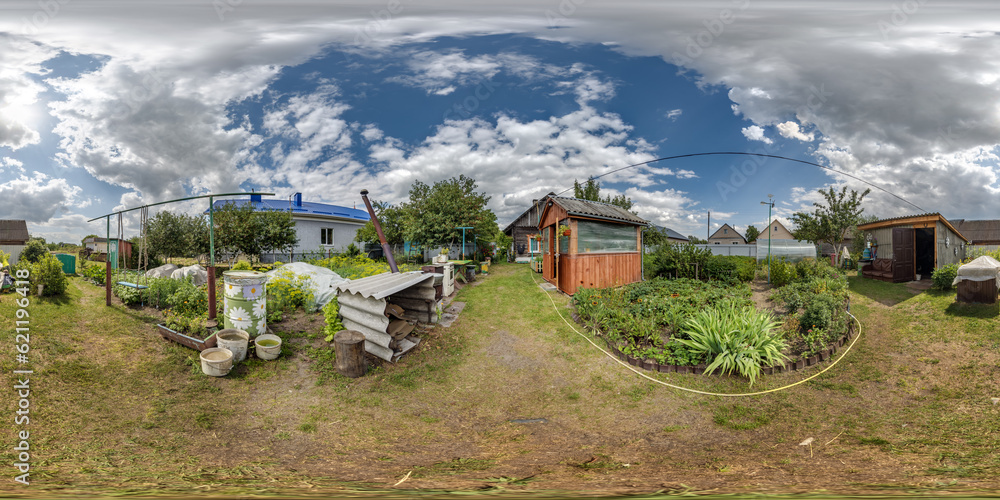 360 hdri panorama view in garden with flower bed yard near wooden eco ...