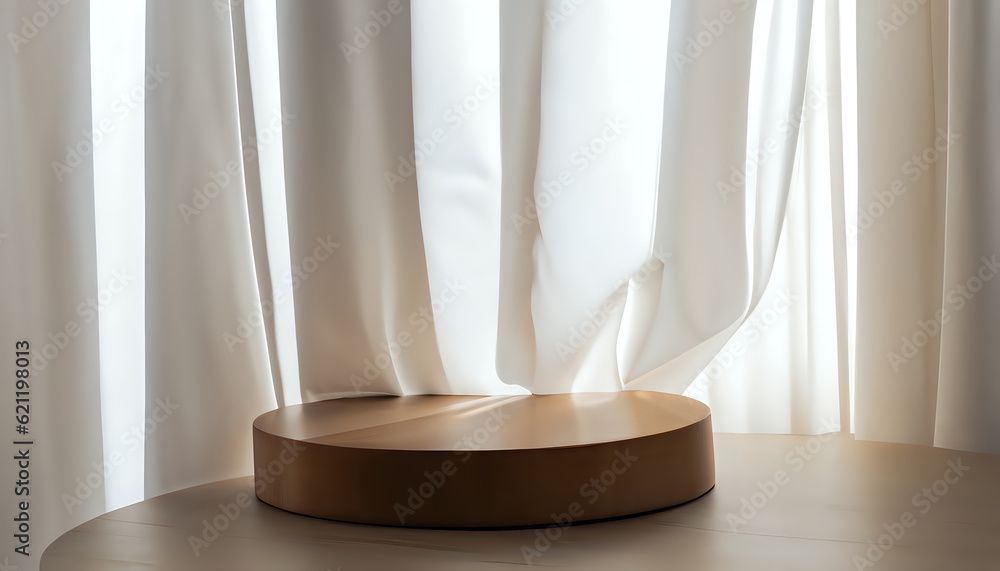 interior of a room with curtains, a round wooden table sitting in front ...