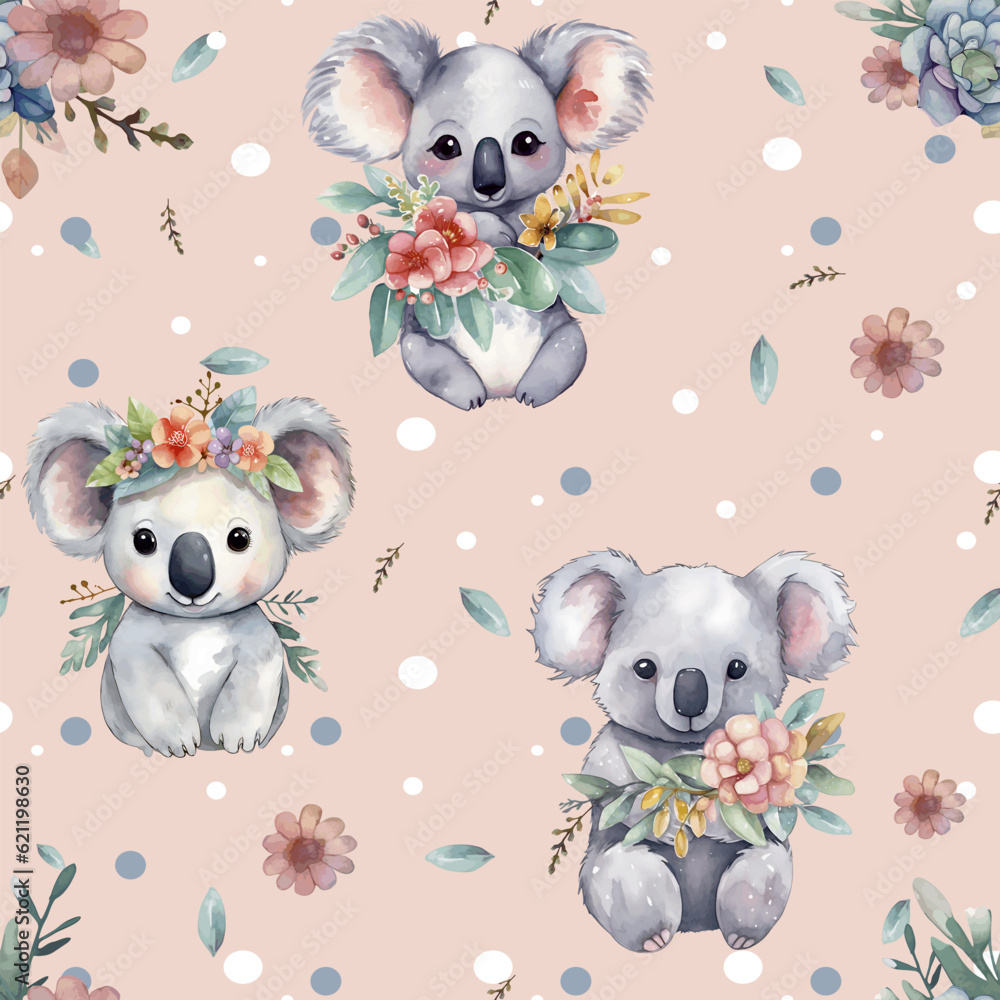Pattern of cute koalas in hats. Pattern for children's clothes. Cartoon ...