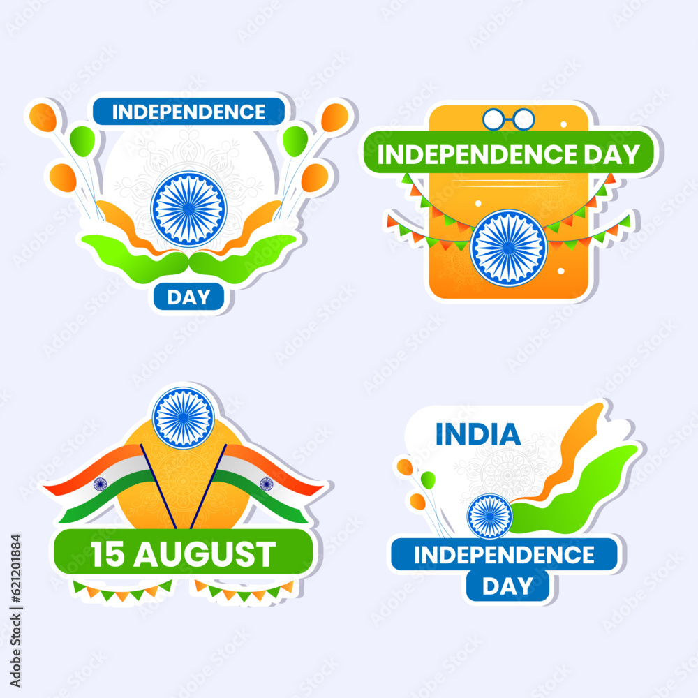 15th August Indian Independence Day Emblem and stickers set vector ...