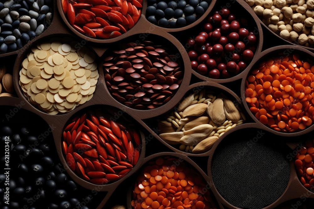 A artwork featuring a carefully arranged composition of various legumes ...