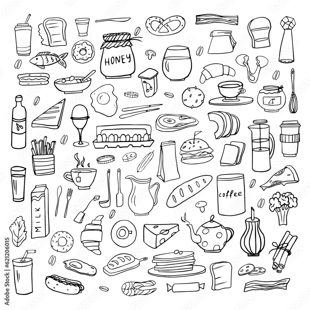 Cute set of healthy food and fast food ingredients with lettering in ...