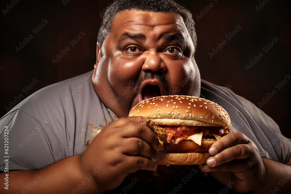 Spanish fat man with a big burger. Obese middle aged man with hamburger ...
