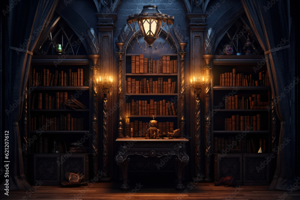 medieval library, gothic reading room interior with desks, old ...