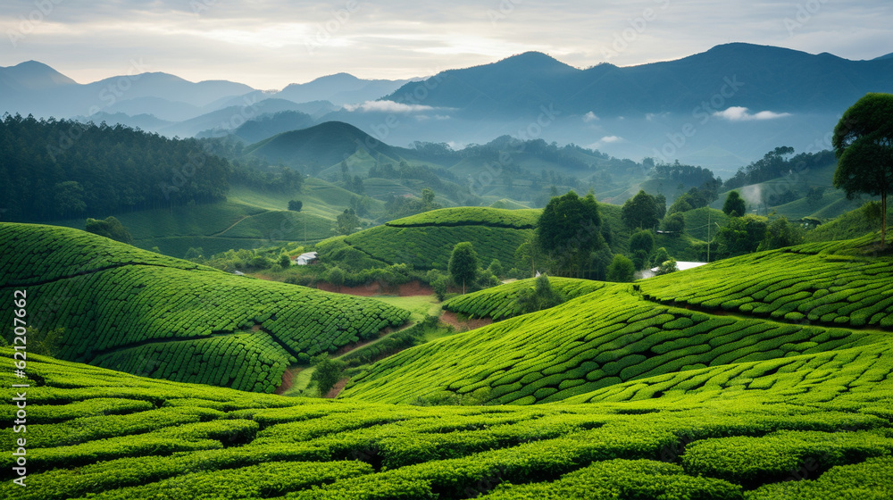 A traditional tea plantation with rolling hills and misty landscapes ...
