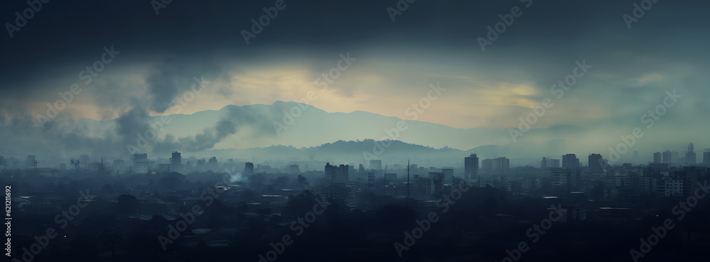 Smog jungle panoramic view, skyscape that shows smog and polluted air ...