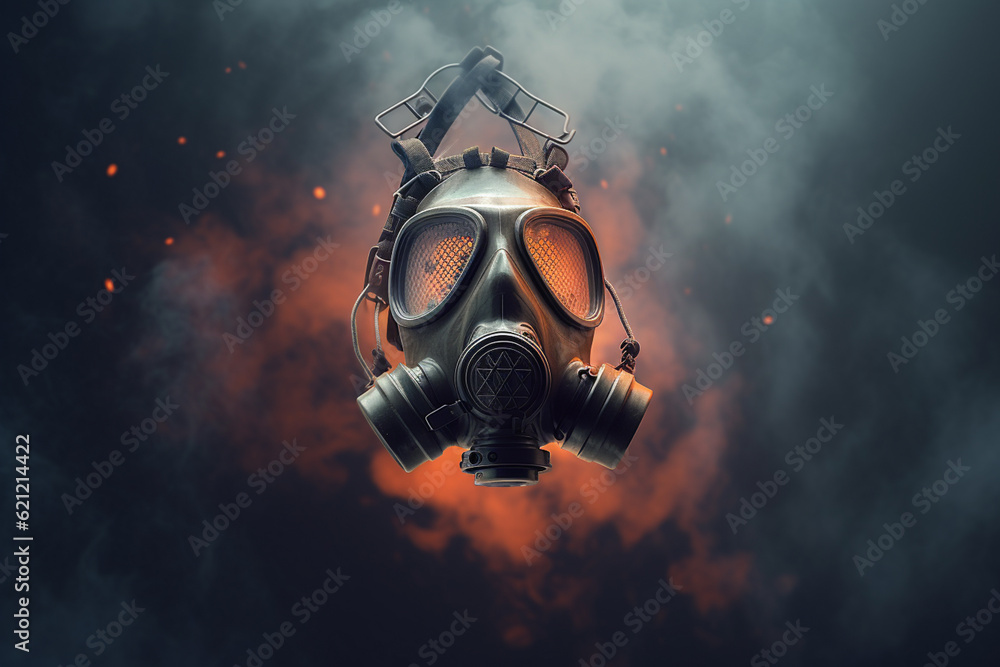 An image of a gas mask suspended in mid-air, with smoke or fog ...