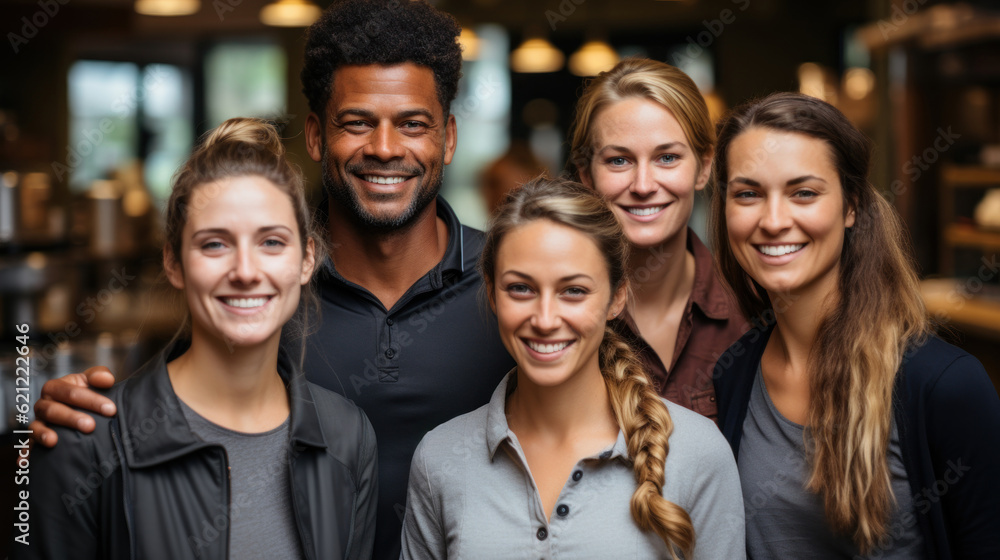 Portrait of smiling people standing in a row in coffee shop. Generative ...