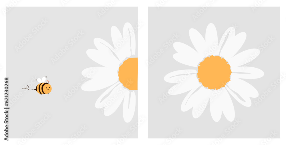 Daisy flower and bee cartoon on grey backgrounds vector illustration. Cute wall art decoration ...