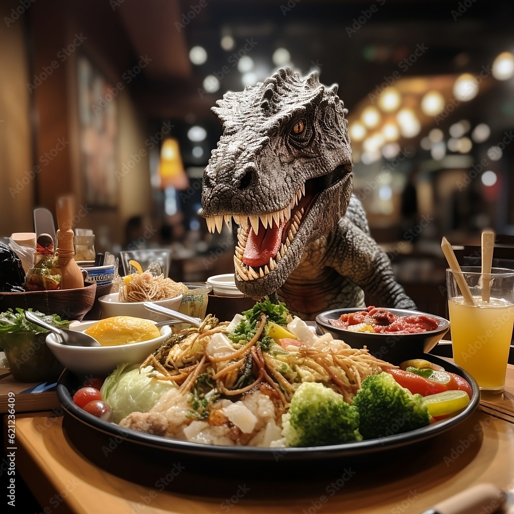 A Tyrannosaurus Rex eating Japanese food with chopsticks in a Japanese ...