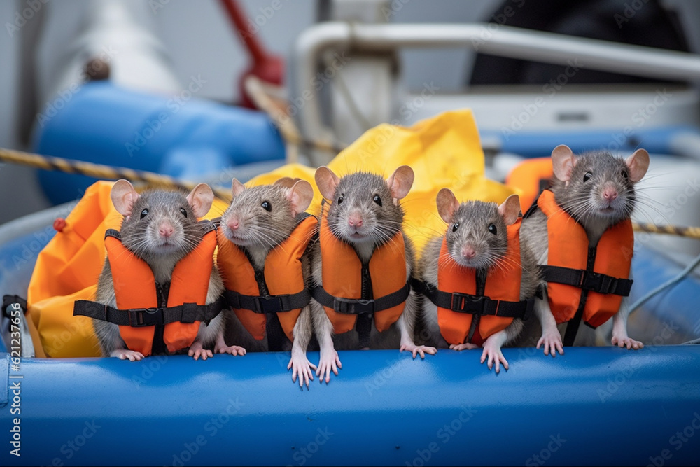 Rats with life jackets in a lifeboat are running from a sinking ship ...