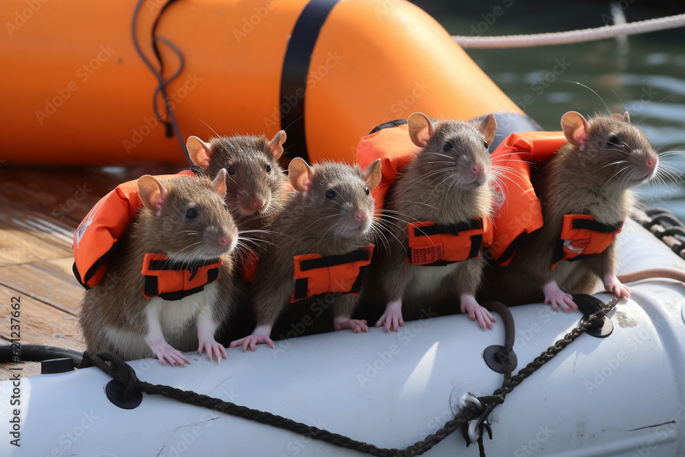 Rats with life jackets in a lifeboat are running from a sinking ship ...