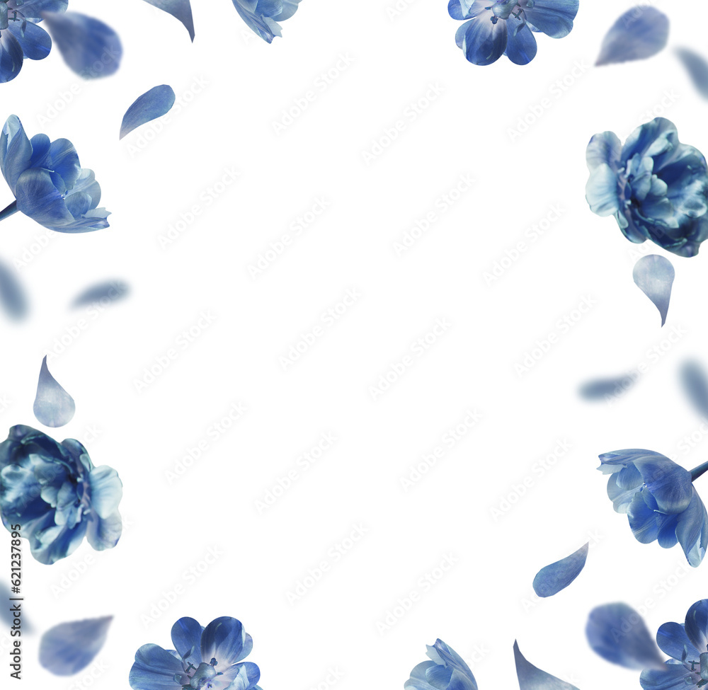 Floral overlay frame with pretty flying blue flowers and falling petals ...