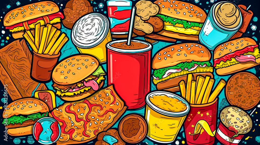 cartoon fast food, unhealthy foods contributing to obesity, made with ...