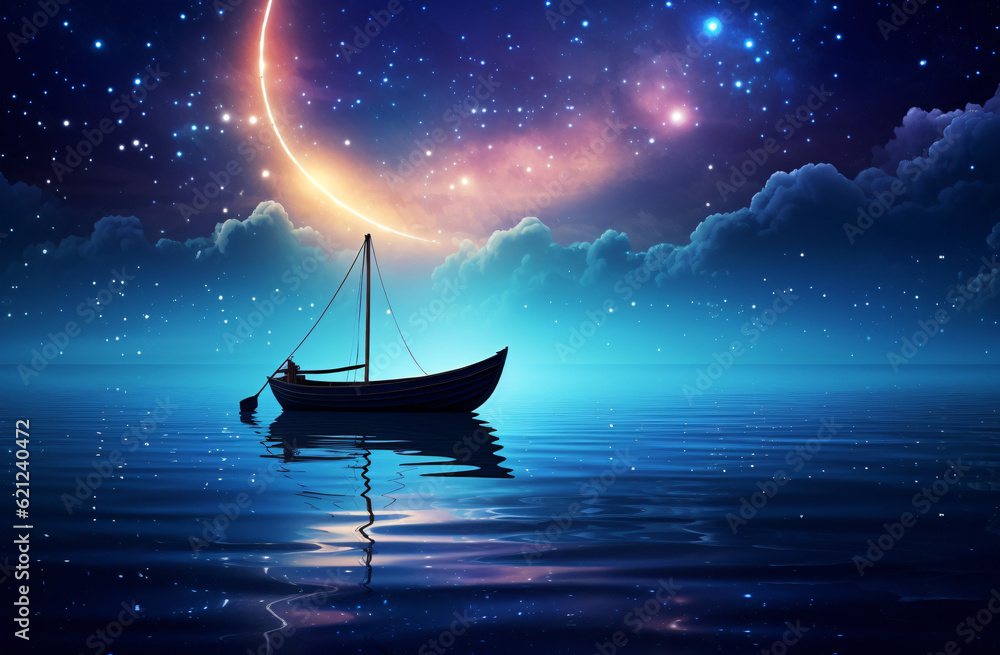 sailing ship in the night on the sea, with magical fantastic moon light ...