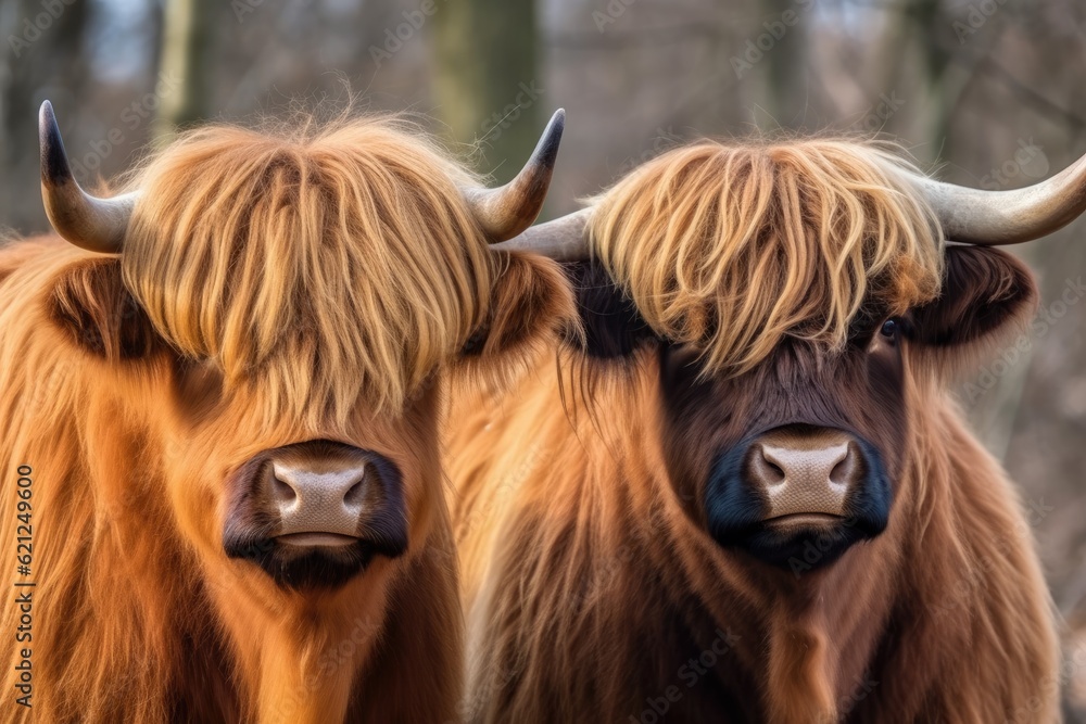 two long-haired brown cows standing side by side in a field. Generative ...