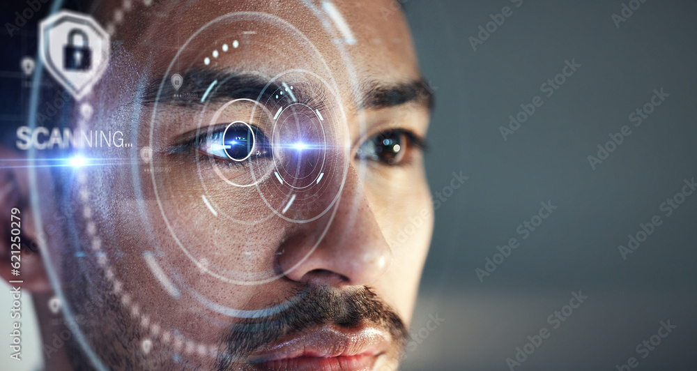 Foto de Asian man, scanning eye and biometrics for futuristic cyber ...