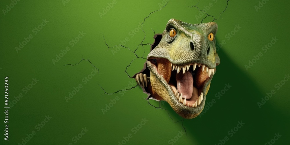 Cute T-Rex peeking out of a hole in wall, torn hole, empty copy space ...