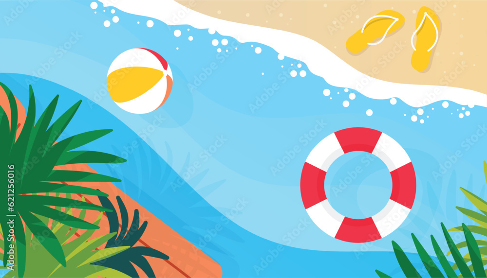 Summer background. Aerial top view on sand beach, palm trees, flip flops, each ball, float ring ...