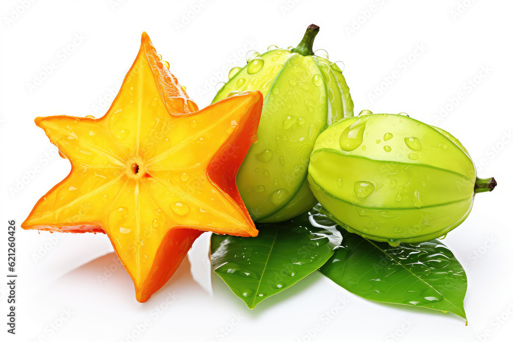 Ripe Star fruit with slice isolated on white background (Averrhoa ...