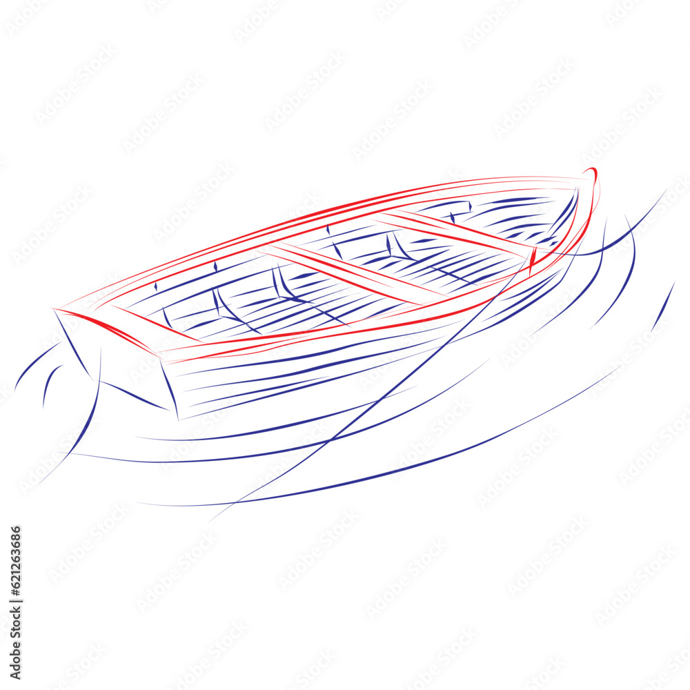 Continuous line drawing of a small boat floating on water, making waves ...