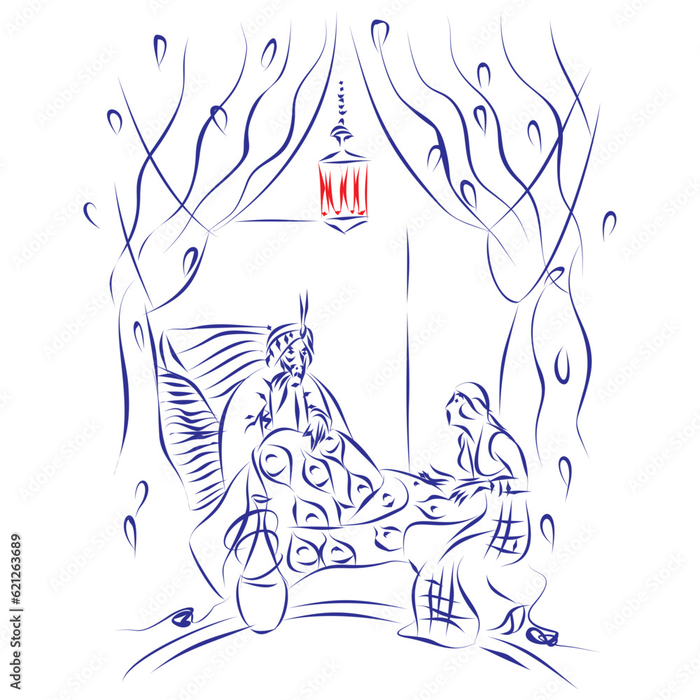 Continuous line drawing of Arabian 1001 Nights Sheherazade telling a ...