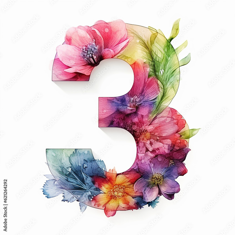 Flowers number 3 three made of watercolor flowers isolated on white ...
