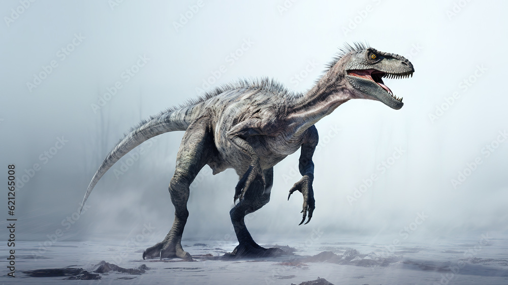 Deinonychus in white fog, realistic and detailed dinosaur image ...