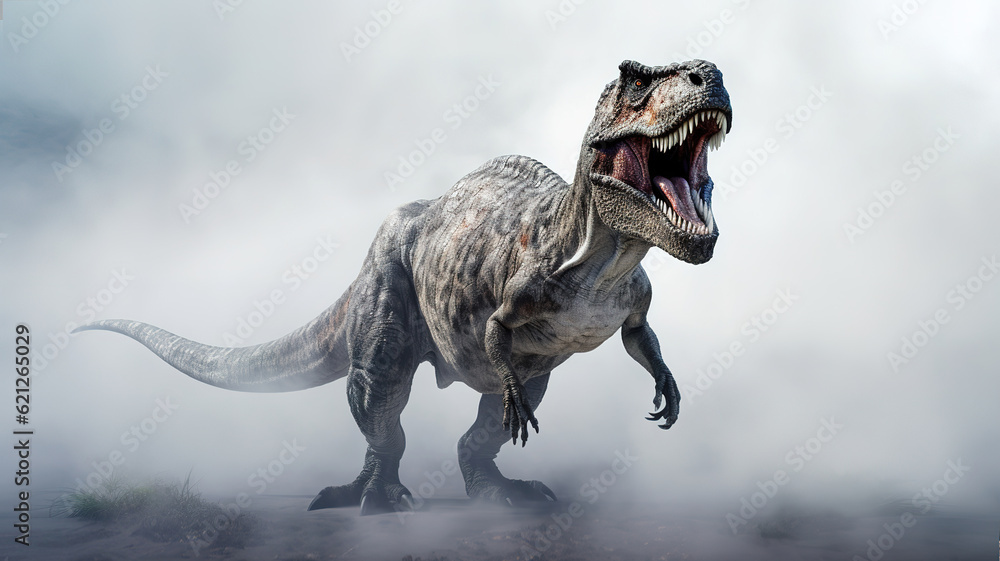 Tyrannosaurus rex in white fog, realistic and detailed dinosaur image ...