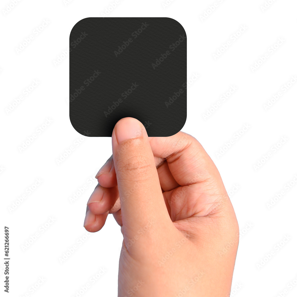 Hand showing black paper card cardboard on white isolated background ...