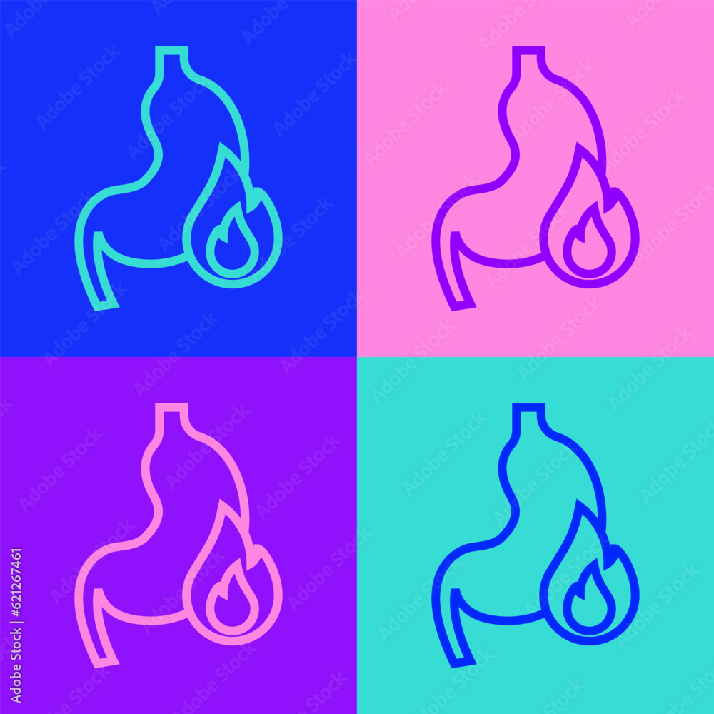 Pop art line Stomach heartburn icon isolated on color background ...