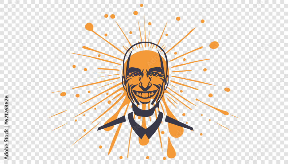Vector graphic smiling strange frightening male face and orange blot ...