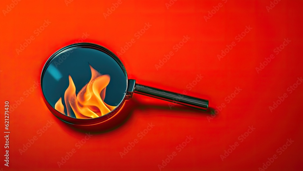 Magnifying glass with fire on a red background Stock Photo | Adobe Stock