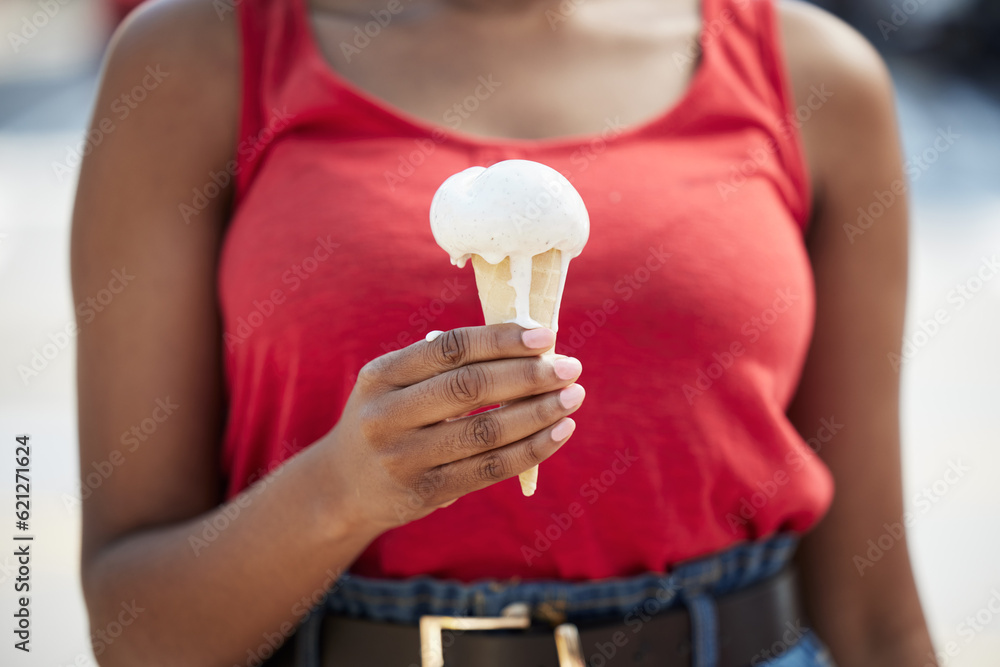Hands, woman and vanilla ice cream for dessert, cool snack and sweet ...