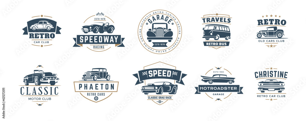 Car logo. Vintage auto emblem. Classic retro wheel. Old race with motor ...