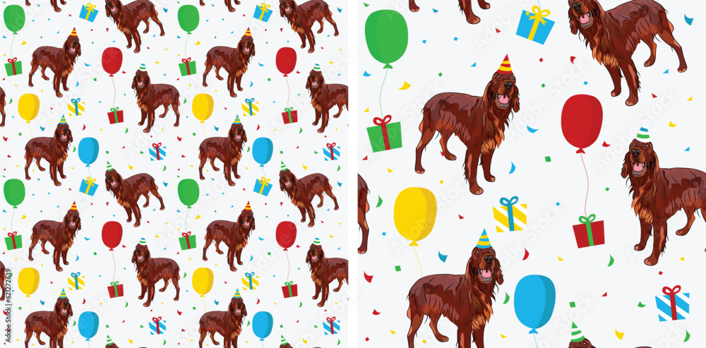 Happy Birthday Pattern with Irish setter dog in a party hat, seamless ...