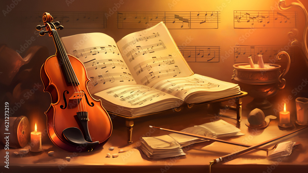 Violin and sheet music score book background with an abstract vintage ...
