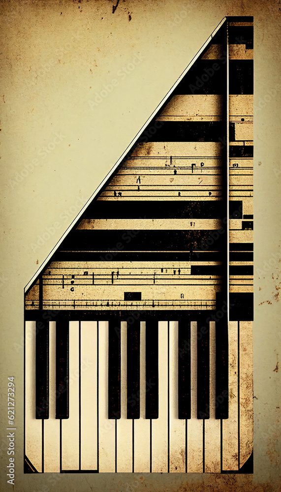 Grand piano keys background with an abstract vintage distressed texture ...