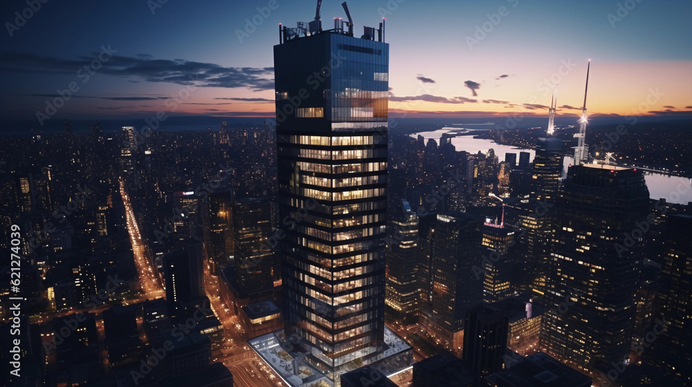 commercial skyscraper, steel and glass facade, towering over cityscape ...