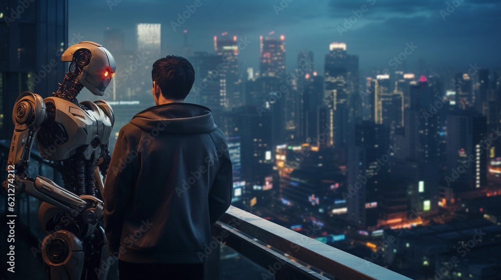 A scene of humans and AI robots coexisting, showcasing technology's ...