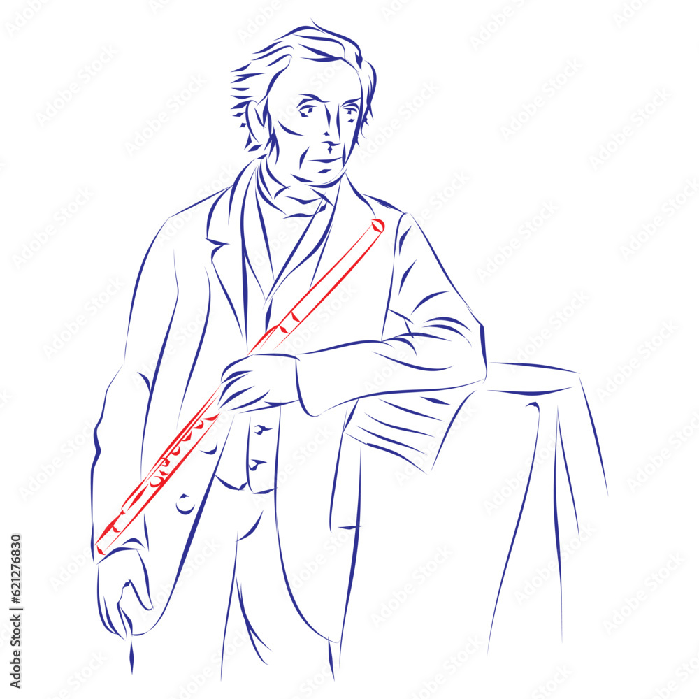 Continuous line drawing of Theobald Boehm the inventor of modern flute ...