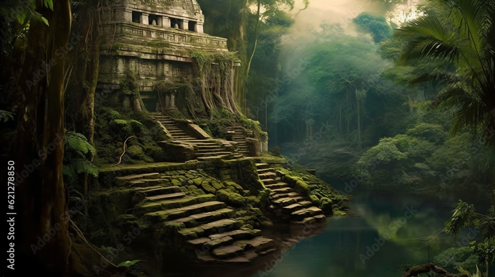ancient and overgrown mayan temple ruins in the jungle, lost place in ...