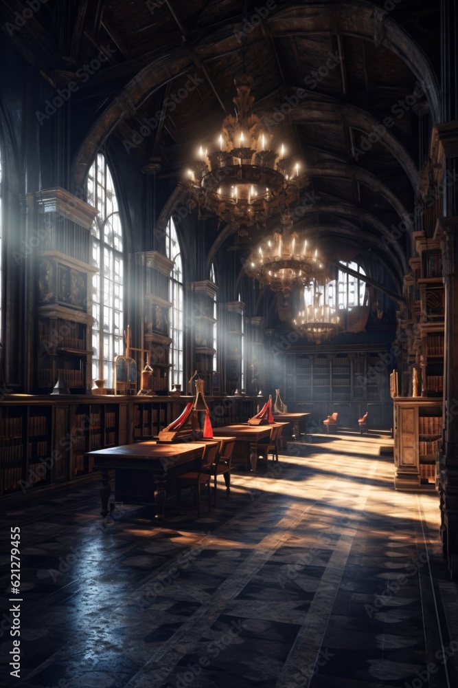 medieval library, gothic reading room interior with desks, old ...