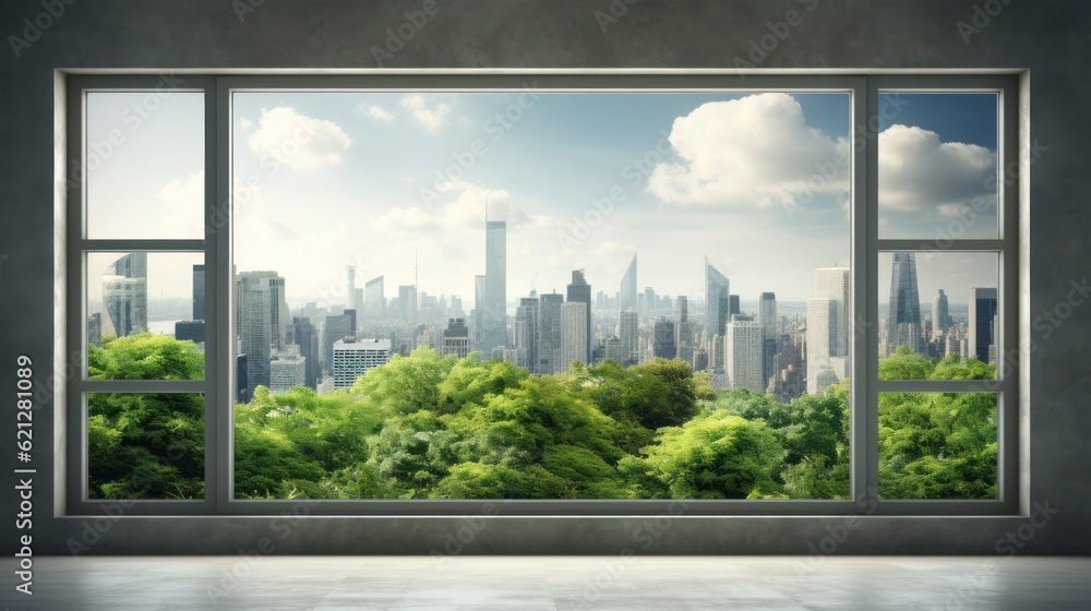 Eco green city view though window in office or workplace background ...