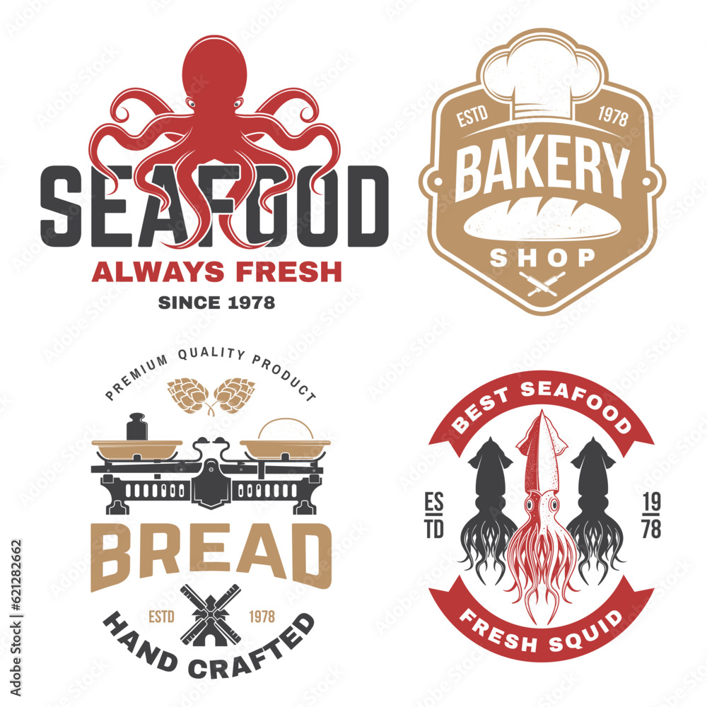 Set of Bakery and seafood badges. Vector. For emblem, sign, patch ...