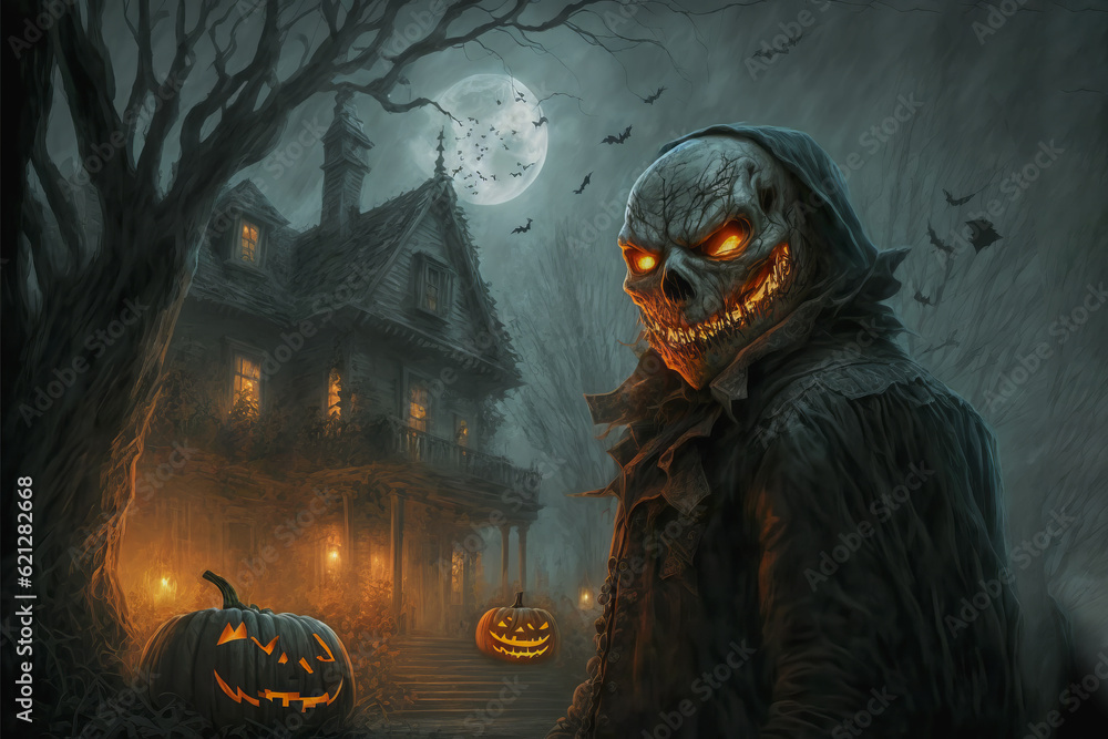 Creepy halloween monster standing in front of a haunted house, bats are ...