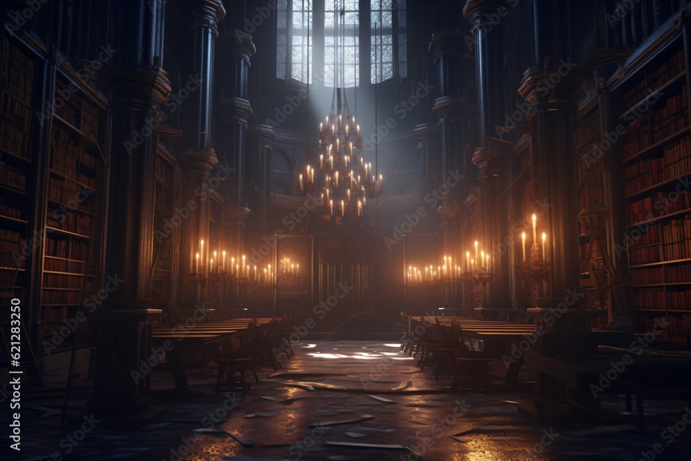 medieval library, gothic reading room interior with desks, old ...